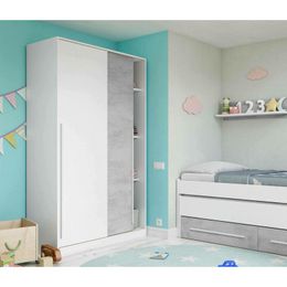 Garderobe Downey, Schlafzimmer Kleiderschrank mit 2 Schiebetüren, Schrank mit Kleiderstange und 3 Einlegeböden, cm 120x50h200, Zement und Weiß