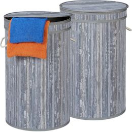 Relaxdays 2 x Wäschekorb Bambus, runder Wäschesammler mit Klappdeckel, 65 l, faltbare Wäschetonne, ø 40 cm, Wäschebehälter, grau