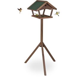 Vogelfutterhaus mit Standfuß, Holz Futterhaus für Wildvögel, hbt: 139x70x60 cm, wetterfestes Dach, braun/grün - Relaxdays
