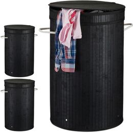 Relaxdays 3 x Wäschekorb Bambus, runder Wäschesammler mit Klappdeckel, 65 l, faltbare Wäschetonne, ø 40cm, Wäschebehälter, schwarz