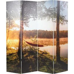 Neuwertig] Foto-Paravent mit Schallschutz HHG 288, akustischer Raumteiler Trennwand Sichtschutz, mvg 180x162cm Waldsee - multicolour