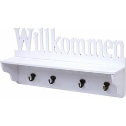Neuwertig] Wandgarderobe HHG 628 Willkommen, Garderobe Regal, 4 Haken massiv 30x60x13cm weiß - white