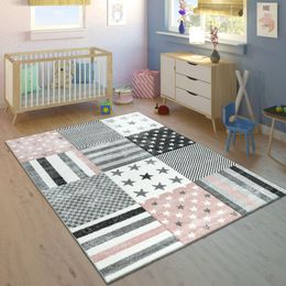 Paco Home - Kinderteppich Kinderzimmer Konturenschnitt Stern Muster Rosa Grau Pastellfarben 160x230 cm