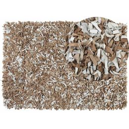 Beliani - Teppich Braun / Grau 160 x 230 cm aus Leder Hochflor mit Lederzotteln Wohnzimmerteppich Schlafzimmerteppich Shaggy Rechteckig Elegant - Grau