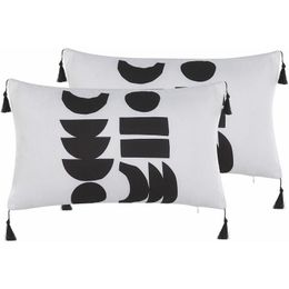 Beliani - Dekokissen 2er Set Weiß / Schwarz 50 x 30 cm Polyester mit Fransen Reißverschluss Zierkissen für Küche Esszimmer Wohnzimmer Salon Flur