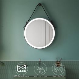 SONNI Badspiegel Badezimmerspiegel LED Beleuchtung Wandspiegel Rund 60x60cm kaltweiß Licht Touch Beschlagfrei verstellbarer Ledergürtel