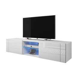 Selsey - elegant - TV-Lowboard mit Klapptüren und 2 offenen Fächern, grifflos, 140 cm breit (Weiß Matt / Weiß Hochglanz, mit led)