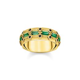 Thomas Sabo Ring Krokodilpanzer breit mit smaragdgrünen Steinen vergoldet