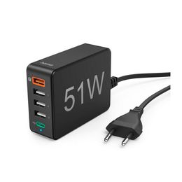 Hama Schnellladegerät 5 Ports 51W schwarz, 1x QC 3.0 3x USB A 1x USB C PD USB-Ladegerät (2-tlg), schwarz