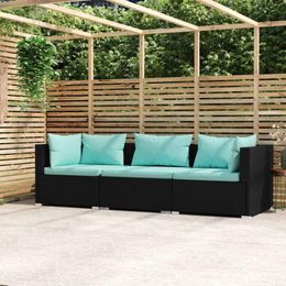 3-Sitzer-Sofa Couch Wohnzimmersofa - mit Auflagen Schwarz Poly Rattan BV446467 Bonnevie