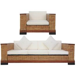 Bonnevie - 2-tlg. Sofagarnitur Sofa - Couch Wohnzimmersofa mit Auflagen Braun Natur Rattan BV789912