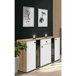 Furnix - Sideboard sarai Schublade 3-türig Anrichte Glastüren140 cm Artisan Weiß