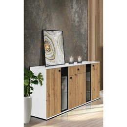 Furnix - Sideboard sarai Schublade 3-türig Anrichte Glastüren140 cm Weiß Artisan