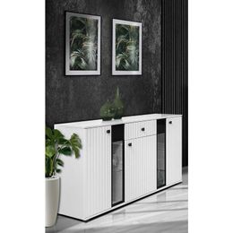 Sideboard sarai mit Schublade 3-türig Anrichte Glastüren140 cm Weiß Weiß - Furnix