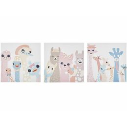 Beliani - Wanddekoration Bunt 3er Set 30 x 30 cm Vogel-, Lama- und Giraffenmotiv Polyester Leinwandbilder Schlafzimmer Kinderzimmer Dekoration - Bunt
