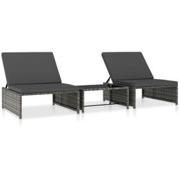 Bonnevie - 2er Set Sonnenliegen Gartenliegen - Liegestühle mit Tisch Poly Rattan Grau BV430252