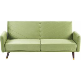 Beliani - Sofa Olivgrün Samtstoff 3-Sitzer mit Schlaffunktion Armlehnen Holzbeinen Retro Glamourös Wohnzimmer Couch Schlafsofa - Dunkler Holzfarbton