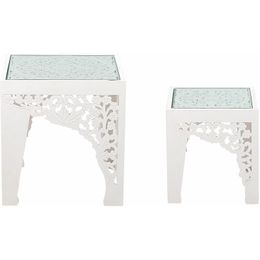 Beliani Beistelltisch 2er Set Weiß mit Glasplatte Quadratisch mit Verzierungen Blumen Muster Ornamente Rustikal Vintage Klassisch - Weiß