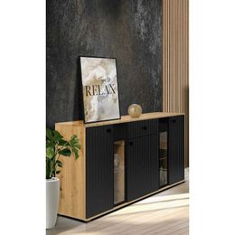 Sideboard sarai Schublade 3-türig Anrichte Glastüren140 cm Artisan Schwarz - Furnix