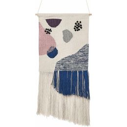 Beliani Wandbehang Baumwolle, Polyester handgewebt, mit Fransen, geometrisches Muster, Wanddekor Boho Stil, Wohnzimmer, Schlafzimmer - Beige