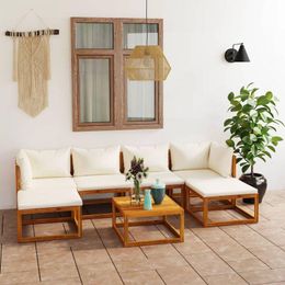 Bonnevie - 7-tlg. Sitzgruppe Gartenmöbel Set - Garten-Lounge-Set mit Auflagen Creme Massivholz Akazie BV750778