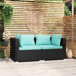 Bonnevie - 2-Sitzer-Sofa Couch Wohnzimmersofa - mit Kissen Schwarz Poly Rattan BV305484