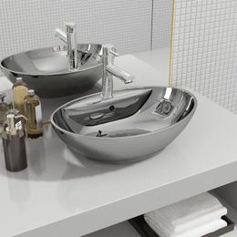 Waschbecken Aufsatzwaschbecken - Waschtisch mit Überlauf 58,5 x 39 x 21 cm Keramik Silbern BV923053 - BonneVie