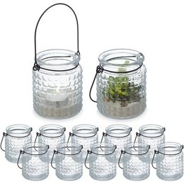 Windlicht, 12er Set, Glas, mit Henkel, innen & außen, Deko Teelichthalter, HxD: 9 x 8 cm, transparent/schwarz - Relaxdays