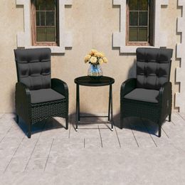 3-tlg. Gartenmöbel Set Bistro-Set - Esstisch mit 2 Stühlen Poly Rattan und Glas Schwarz BV714725 - BonneVie - Schwarz