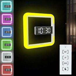 LED-Wanduhr, multifunktional, LED-Lichtwecker, Temperatur, quadratische Lichtwanduhr, 7 Farben, Nachtlicht für Heimbüro-Dekoration