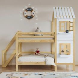 Kinder-Etagenbett mit Armlehnen und Fenster, mit Fallschutz, weiß + natur (90x200cm)