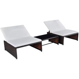 Bonnevie - 2er Set Sonnenliegen Gartenliegen - Liegestühle mit Tisch Poly Rattan Braun BV771004