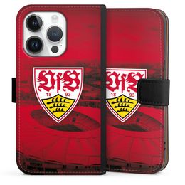 DeinDesign iPhone 14 Pro Handy Klapph&uuml;lle Handyh&uuml;lle aus Kunst Leder schwarz Flip Case Vfb Stuttgart Official Licensed Product Stadium Sideflip mit langer Lasche