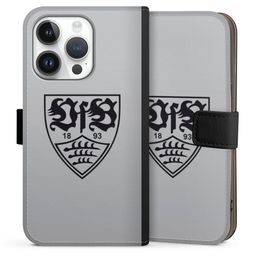 DeinDesign iPhone 14 Pro Handy Klapph&uuml;lle Handyh&uuml;lle aus Kunst Leder schwarz Flip Case Logo Official Licensed Product Vfb Stuttgart Sideflip mit langer Lasche
