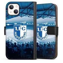 DeinDesign iPhone 13 Handy Klapph&uuml;lle Handyh&uuml;lle aus Kunst Leder schwarz Flip Case Stadium 1. Fcm 1. Fc Magdeburg Sideflip mit Lasche
