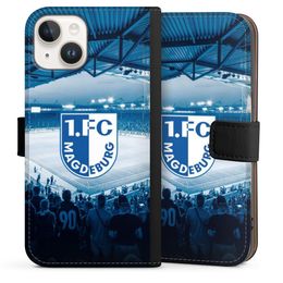 DeinDesign iPhone 14 Handy Klapph&uuml;lle Handyh&uuml;lle aus Kunst Leder schwarz Flip Case Stadium 1. Fcm 1. Fc Magdeburg Sideflip mit Lasche