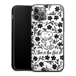 DeinDesign iPhone 12 Pro Handy Premium Silikon H&uuml;lle Handyh&uuml;lle schwarz Case Peanuts Flowers Snoopy Silikon Premium Case