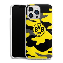 DeinDesign iPhone 13 Pro Handy Silikon H&uuml;lle Case wei&szlig; Handyh&uuml;lle Borussia Dortmund Merchandise Bvb Silikon Case