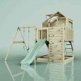 Rebo Spielturm mit Spielhaus inkl. Wellenrutsche und Kinder-Schaukel Outdoor Klettergerüst Garten, Ausführung: Kinderschaukel, Farbe: Mintgrün - Grün