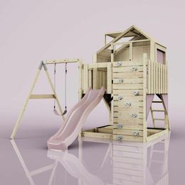 Rebo Spielturm mit Spielhaus inkl. Wellenrutsche und Kinder-Schaukel Outdoor Klettergerüst Garten, Ausführung: Kinderschaukel, Farbe: Altrosa - Rosa