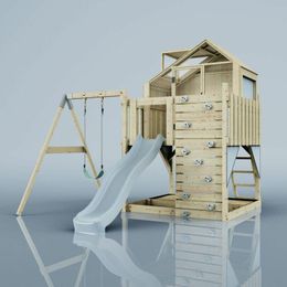 Rebo Spielturm mit Spielhaus inkl. Wellenrutsche und Kinder-Schaukel Outdoor Klettergerüst Garten, Ausführung: Kinderschaukel, Farbe: Eisblau - Blau