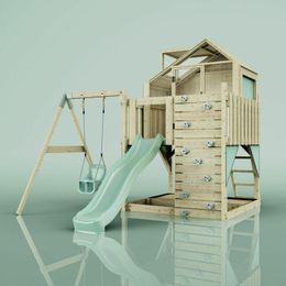 Rebo Spielturm mit Spielhaus inkl. Wellenrutsche und Kinder-Schaukel Outdoor Klettergerüst Garten, Ausführung: Babyschaukel, Farbe: Mintgrün - Grün