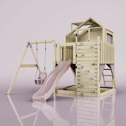 Rebo Spielturm mit Spielhaus inkl. Wellenrutsche und Kinder-Schaukel Outdoor Klettergerüst Garten, Ausführung: Babyschaukel, Farbe: Altrosa - Rosa