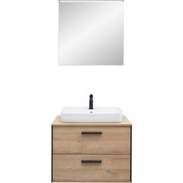 Saphir Badmöbel-Set Quickset 395 2-teilig, Keramik-Aufsatzbecken mit LED-Spiegel, (4-St), Waschplatz 73 cm breit, 2 Schubladen, Waschtischplatte, Bad-Set, beige|braun