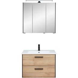 Saphir Badmöbel-Set Quickset 395 2-teilig, Keramik-Waschtisch mit LED-Spiegelschrank, (2-St), Waschplatz 75 cm breit, 3 Türen, 2 Schubladen, Bad-Set, beige|braun
