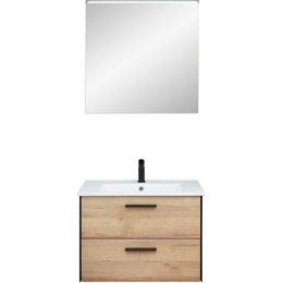 Saphir Badmöbel-Set Quickset 395 2-teilig, Keramik-Waschtisch mit LED-Spiegel, 75 cm breit, (2-St), Waschplatz mit 2 Schubladen, Riviera Eiche quer Nachbildung, Bad-Set, beige|braun