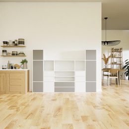 MYCS Schrankwand Grau - Moderne Wohnwand: Schubladen in Weiß & Türen in Grau - Hochwertige Materialien - 231 x 156 x 34 cm, Konfigurator
