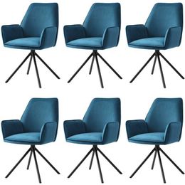Neuwertig] 6er-Set Esszimmerstuhl HHG 851, Küchenstuhl Stuhl Armlehne, drehbar Auto-Position, Samt türkis-blau, Beine schwarz - turquoise