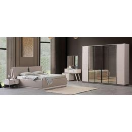 JVmoebel Schlafzimmer-Set Beige Schlafzimmer Luxus Bett 2x Nachttische 5tlg Kleiderschrank Holz