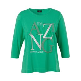 Via Appia Due Große Größen: Shirt mit 3/4-Arm und Glitzer-Motivdruck, grün bedruckt, Gr.46